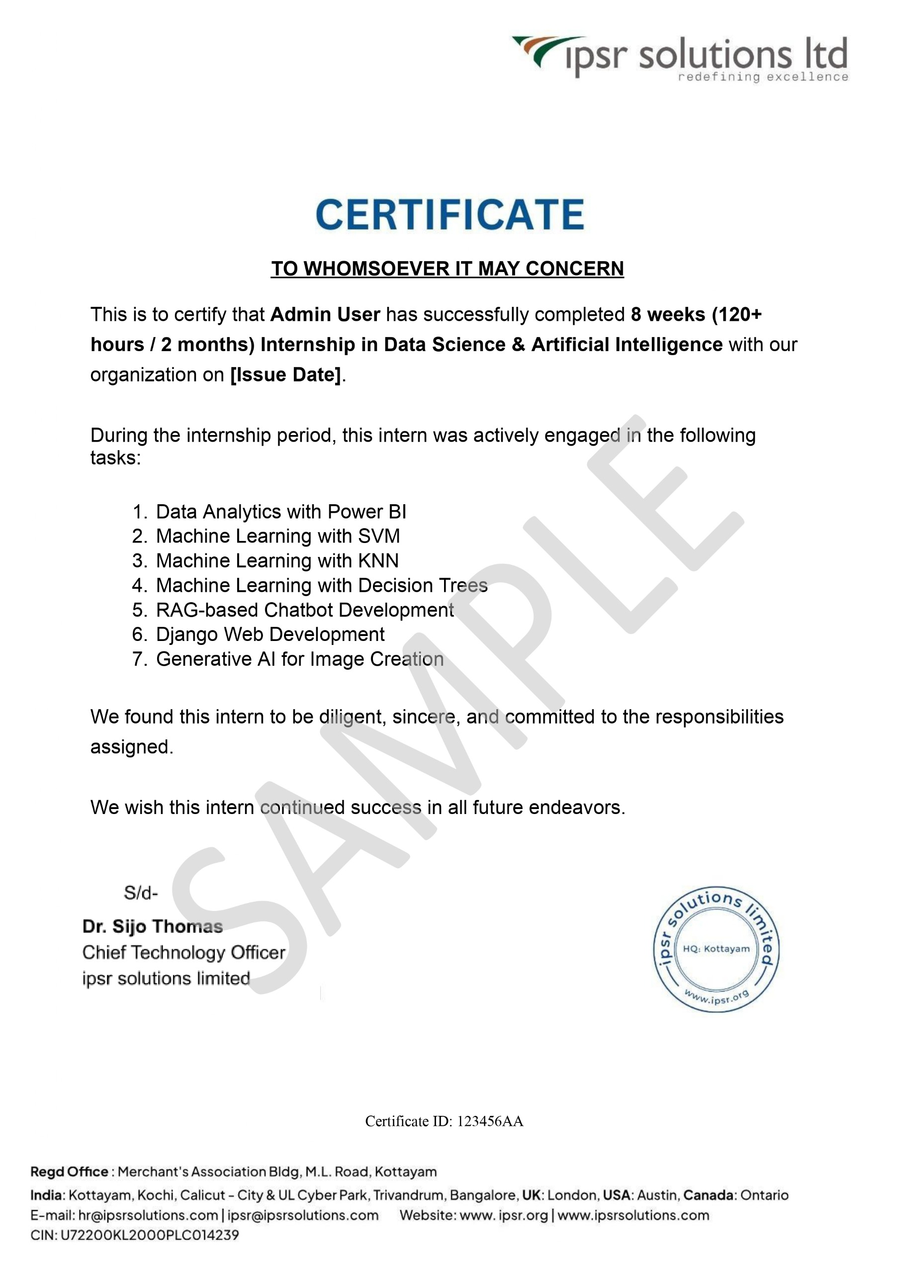 Certificate Course on Data Science & Artificial Intelligence with Industry Internship